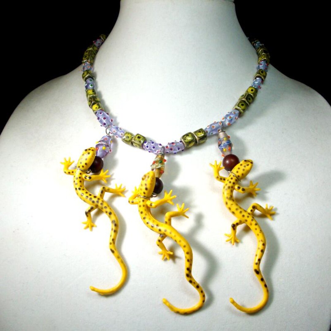 Yellow Lizard Bib Necklace: Blown Glass, Ceramic, Wood Beads, OOAK - Etsy