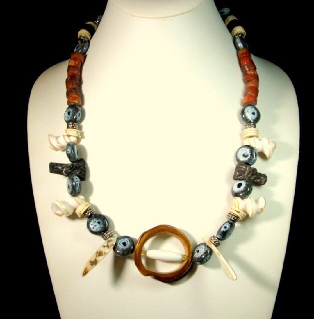 Tribal Necklace With Face Beads, Pipestone Shell, Horn, Ceramic ...