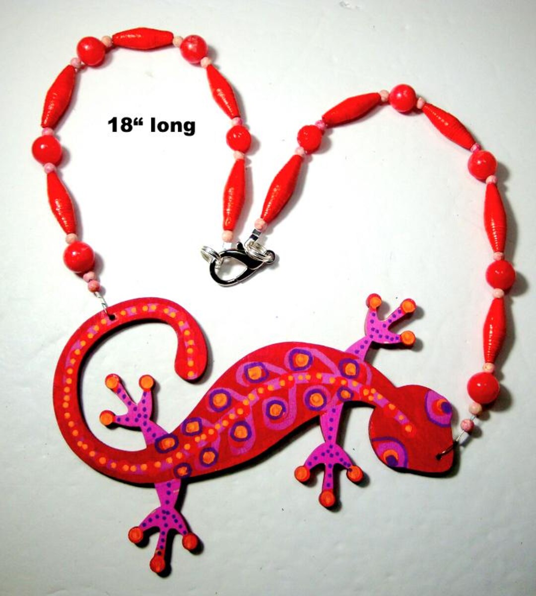 Big Red Gecko Necklace, Art to Wear Lizard, Wood Painted Salamander on ...