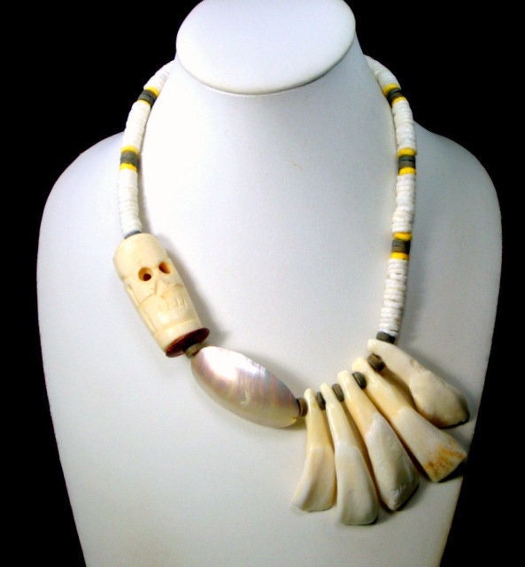 Tribal Warrior Necklace: Buffalo Teeth, Oxbone Skull & Clam Shell Beads ...