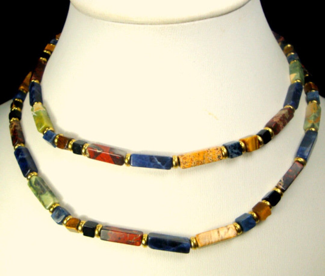 Square Tube Bead Gemstone Necklace, Long Cube & Rectangle Stone Beads W Goldtone Spacers ...