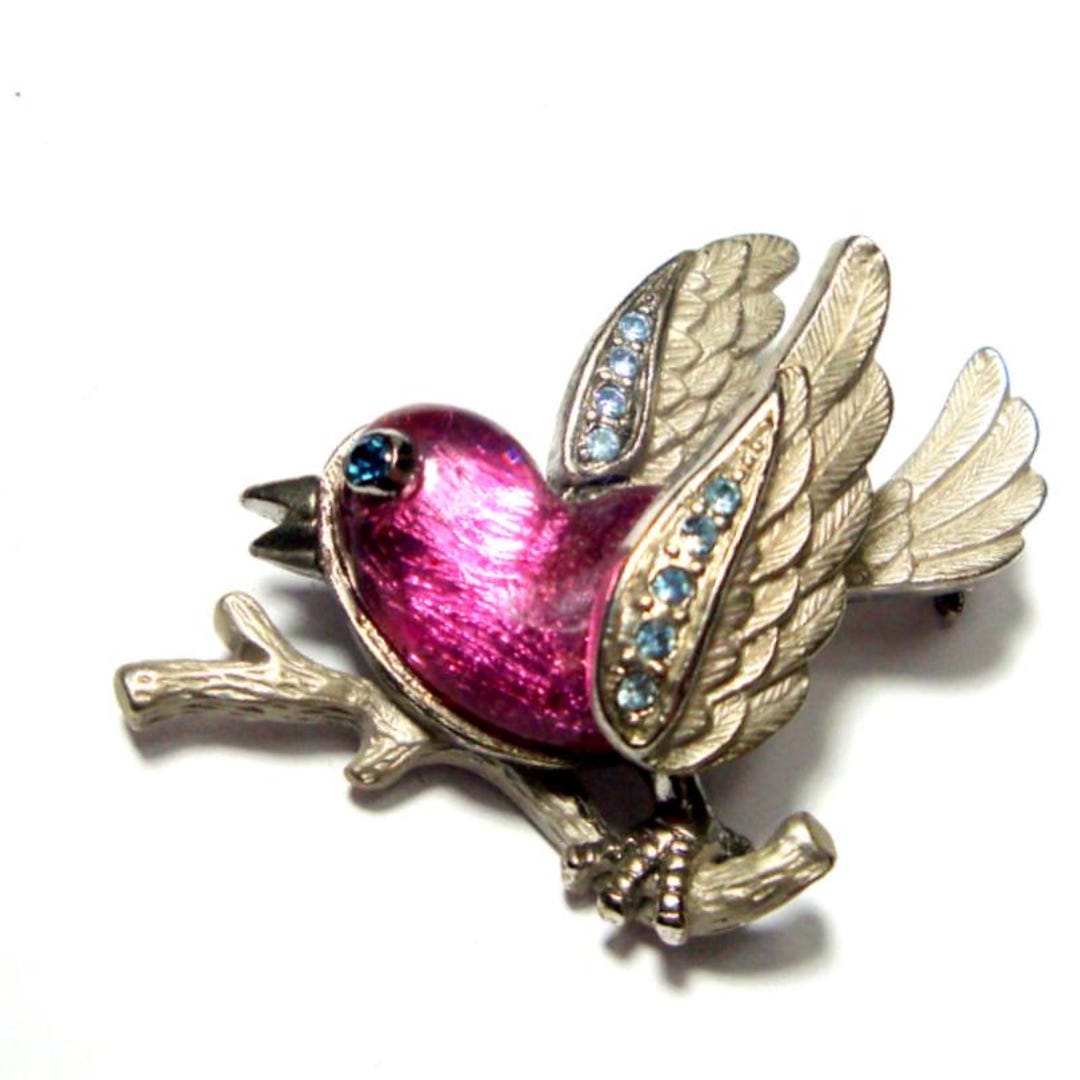 Pink Enamel Bird Brooch: Silver Metal Pin With Rhinestone Eyes - Etsy
