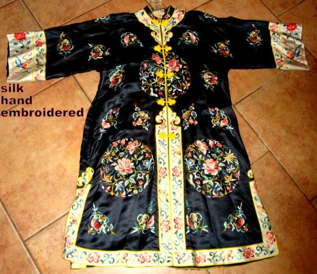 Authentic Black Silk Embroidered Classic Chinese Robe With Frog ...
