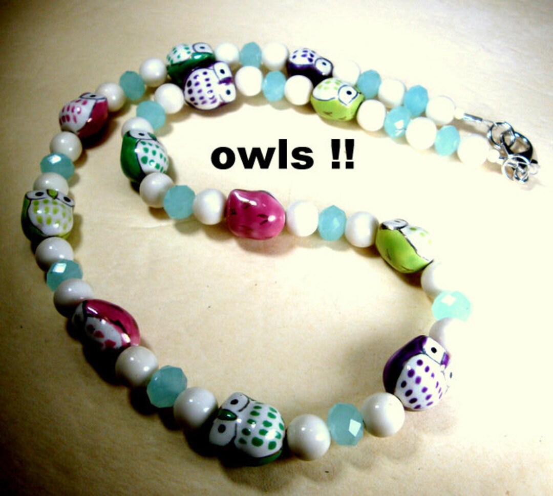 OWL Necklace, Hand Painted Porcelain Bird of Prey Beads, Faceted ...