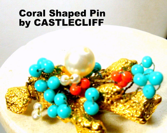 CASTLECLIFF Signed Coral Branch Shaped Pin, Gold Metal With Pearls ...