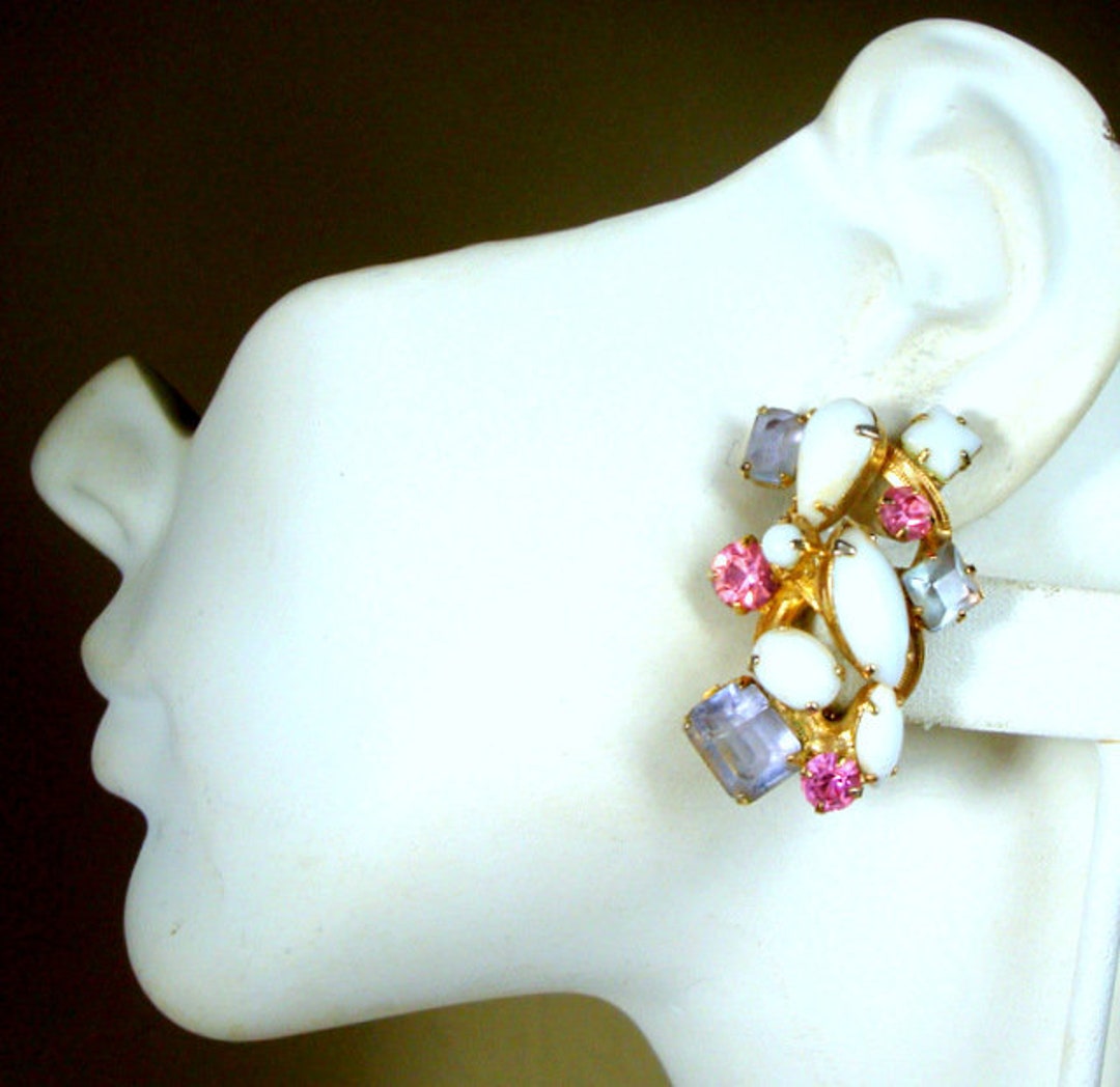 Lavender, White & PINK Rhinestone Clip Earrings, 1960s All Glass Stones ...