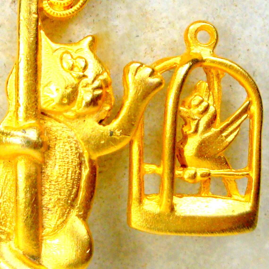 Cat W Bird in a Cage Pin 1980s Bright Goldtone Metal Brooch | Etsy