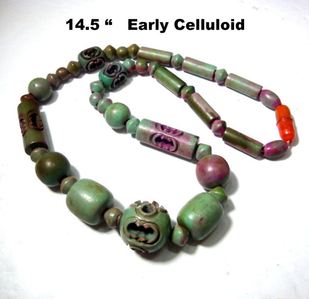 1930s Celluloid Bead Choker: Celedon Green & Pink, 14.5 Inch Vintage ...