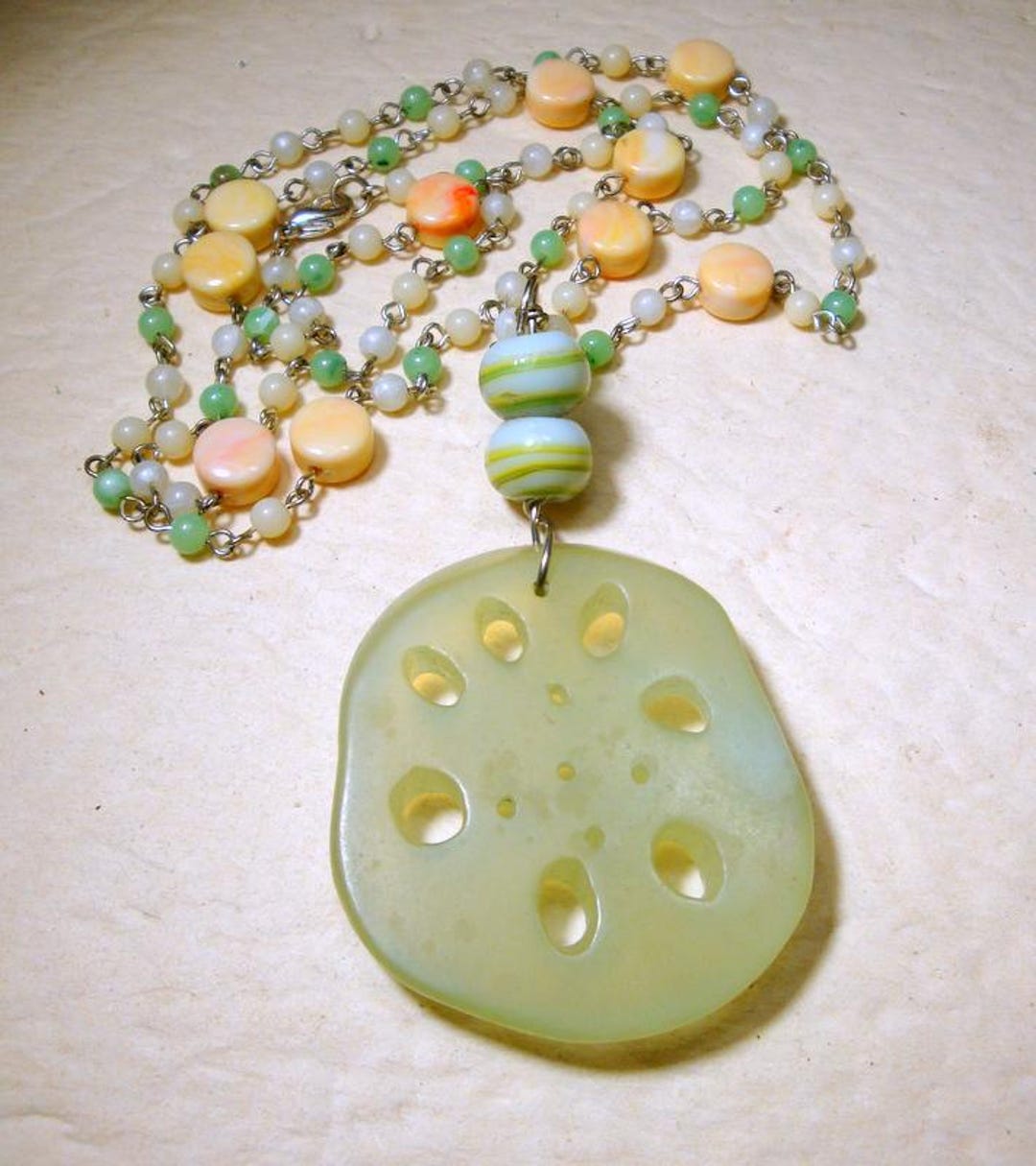 Celedon Jade Lotus Root Pendant Necklace: Peach Glass Bead Chain, Ooak ...