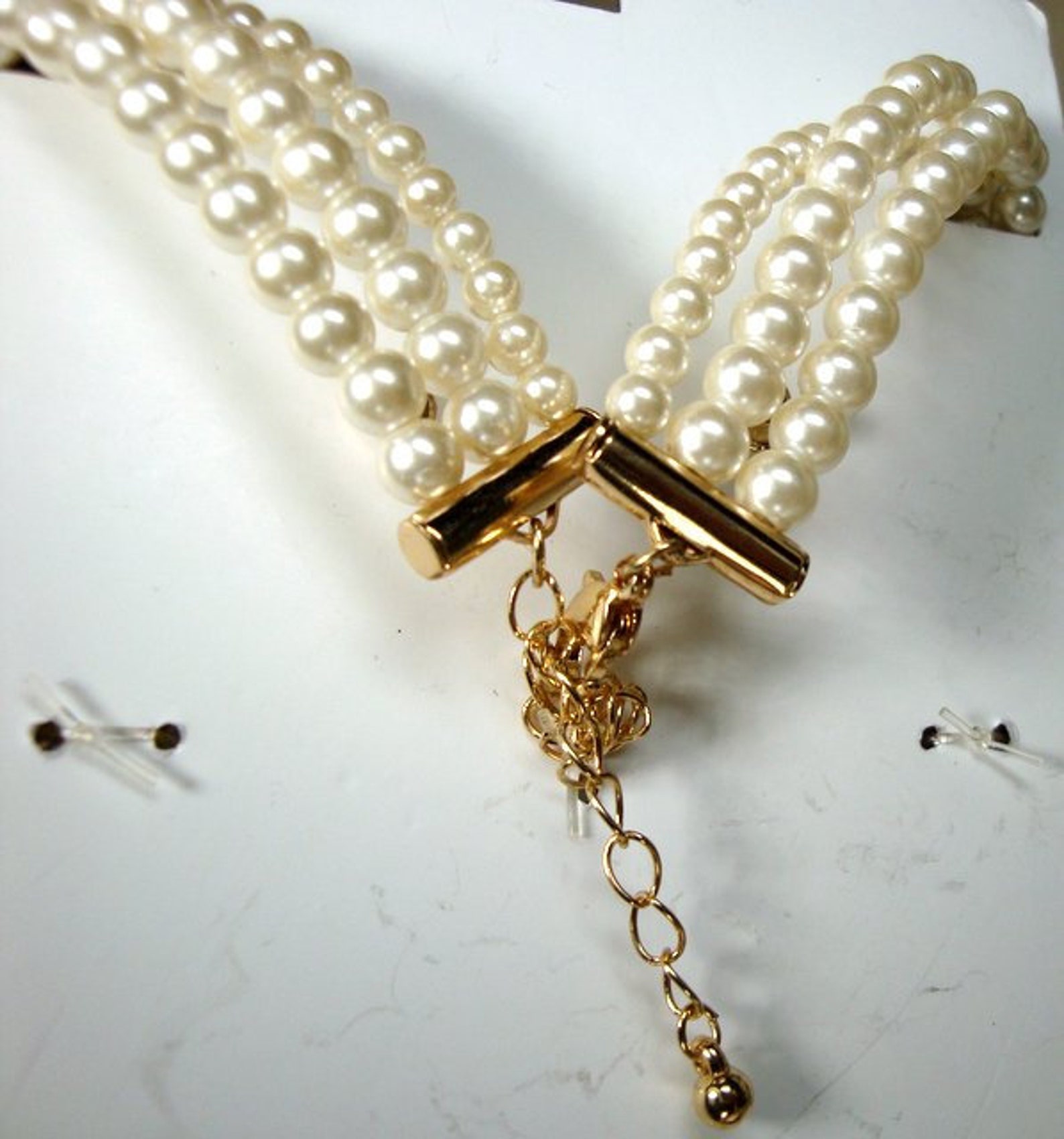 Set 3 Strand White Pearl Necklace And Post Earrings Glass Etsy