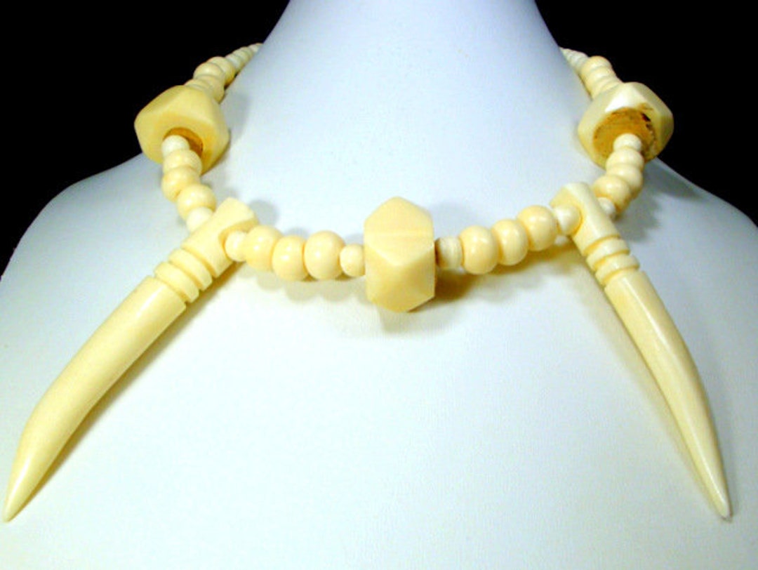 Carved Oxbone Viking Tusk Necklace: Cream Tribal Warrior Bead Choker ...