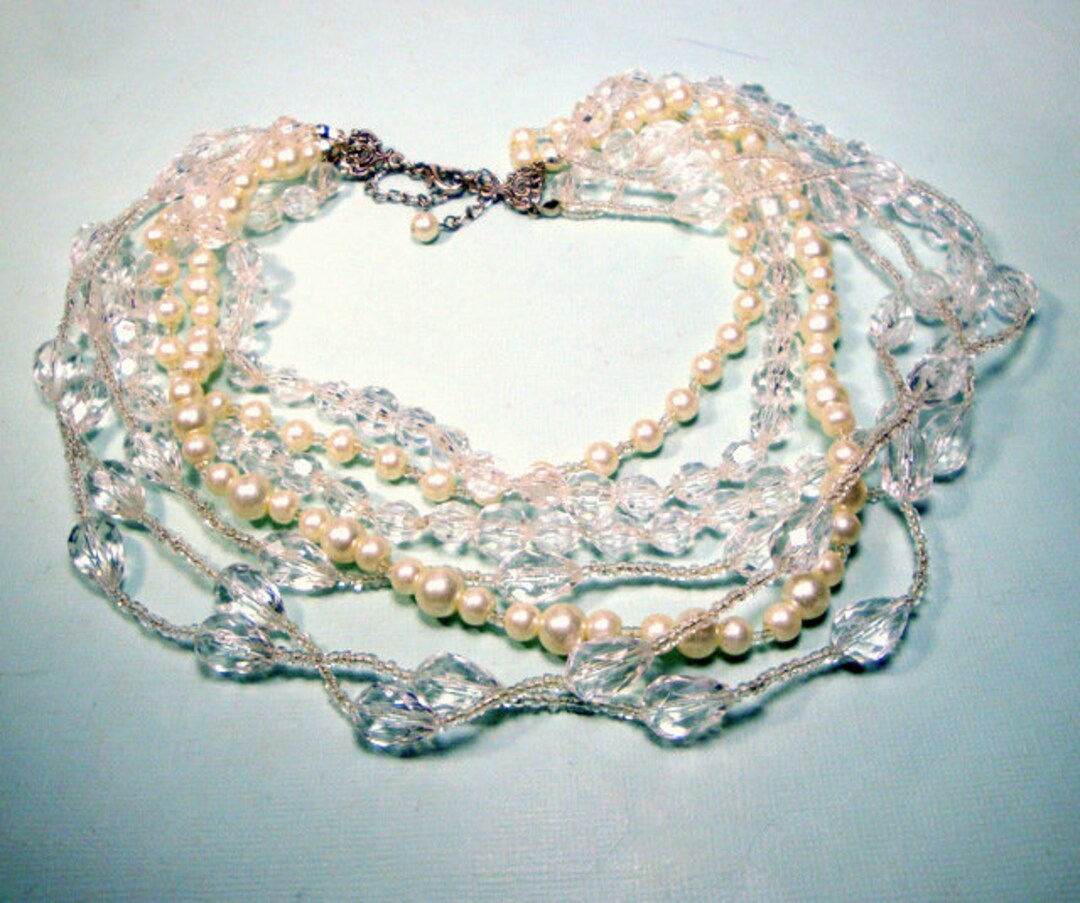 Clear Lucite & White Pearl 7 Strand Bridal Choker Necklace, Gorgeous ...