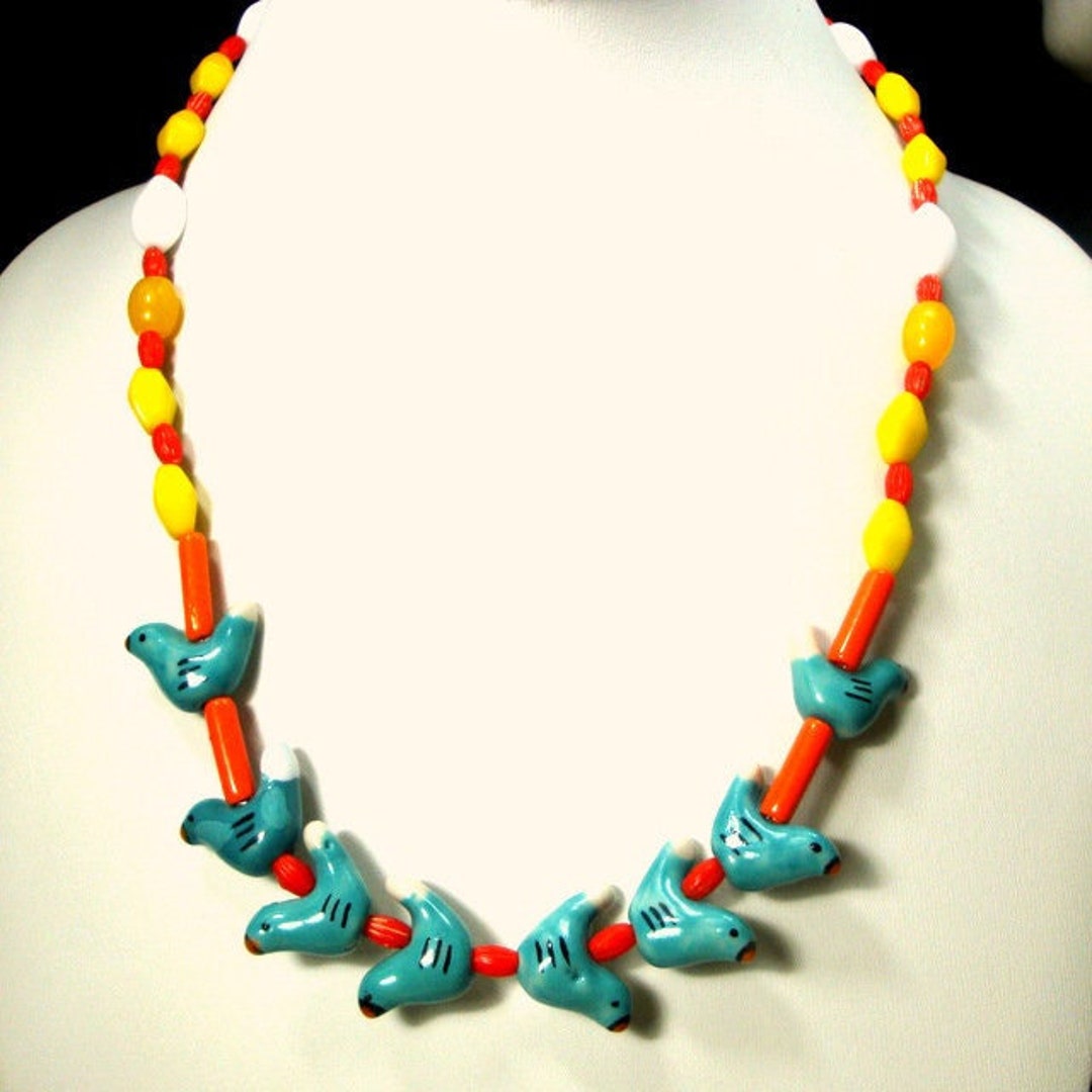 Bird Fetish Necklace, Handmade Porcelain Bluebird Beads, Orange ...