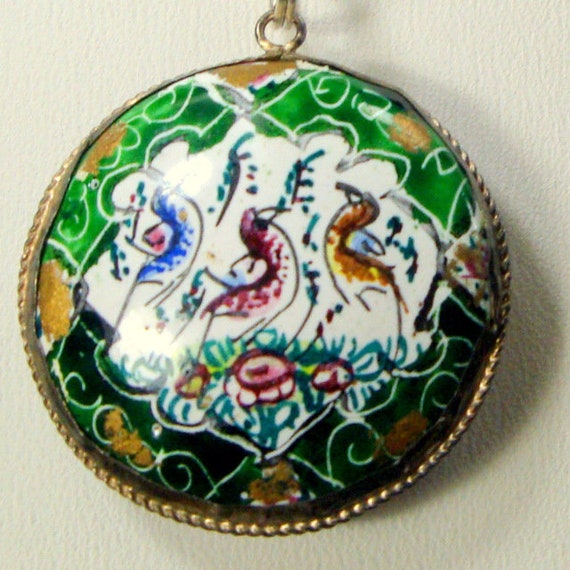 Islamic Enamel Painted Birds & Flowers Metal Pendant,… - Gem