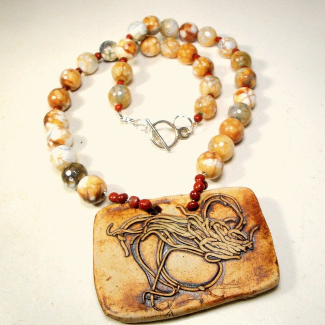 Handmade Ceramic Pendant Necklace: Agatized Coral, Red Jasper, 20 Inch ...