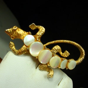 Gold Toned Metal Lizard Pin With White Mother of Pearl Circular Scales ...