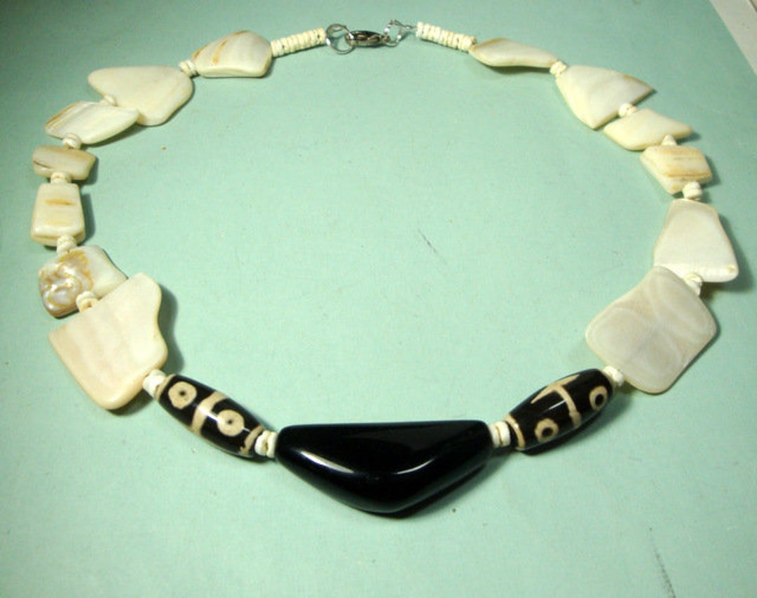 Mother of Pearl Flat Shell Shard Necklace With Center Black - Etsy