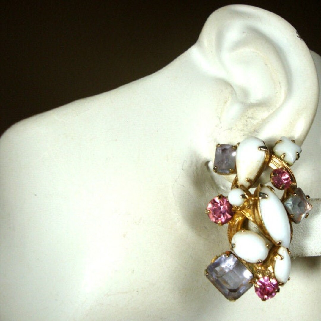 Lavender White & PINK Rhinestone Clip Earrings 1960s All - Etsy