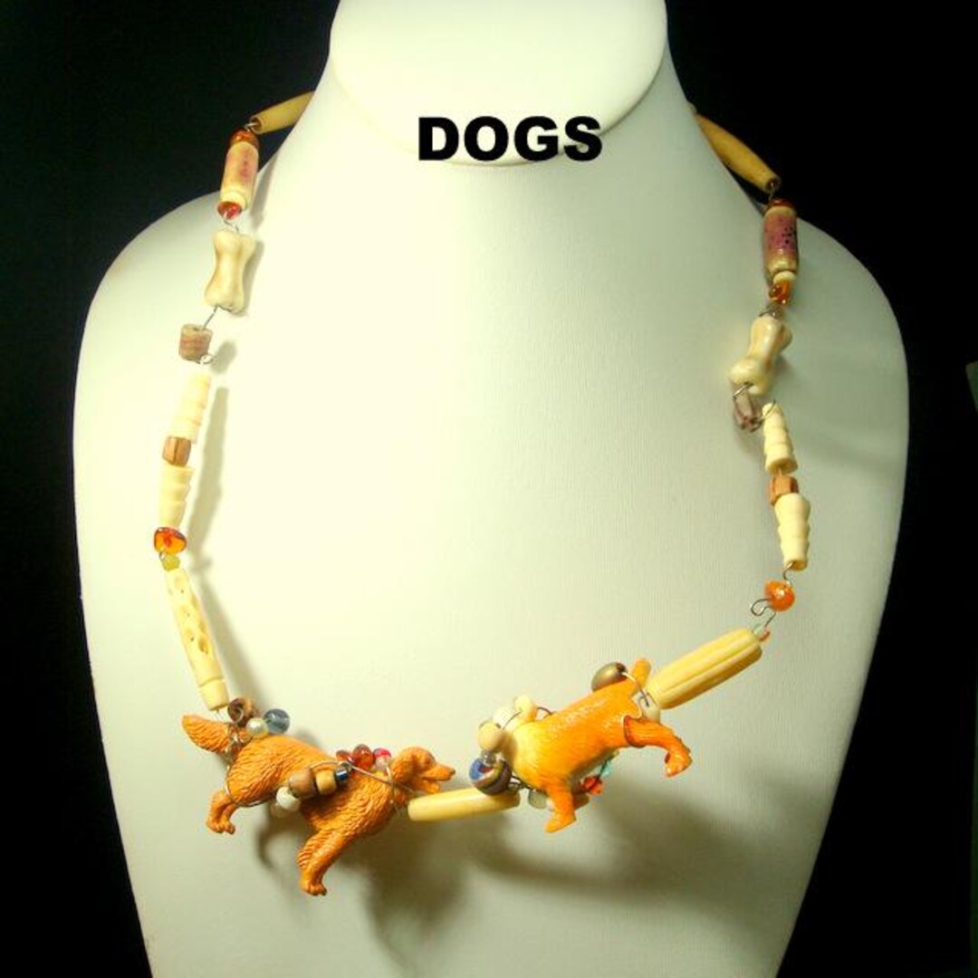 2 DOGS Wire Weave Necklace W Oxbone, Wood, Ceramic, Glass, Etc, OOAK by ...