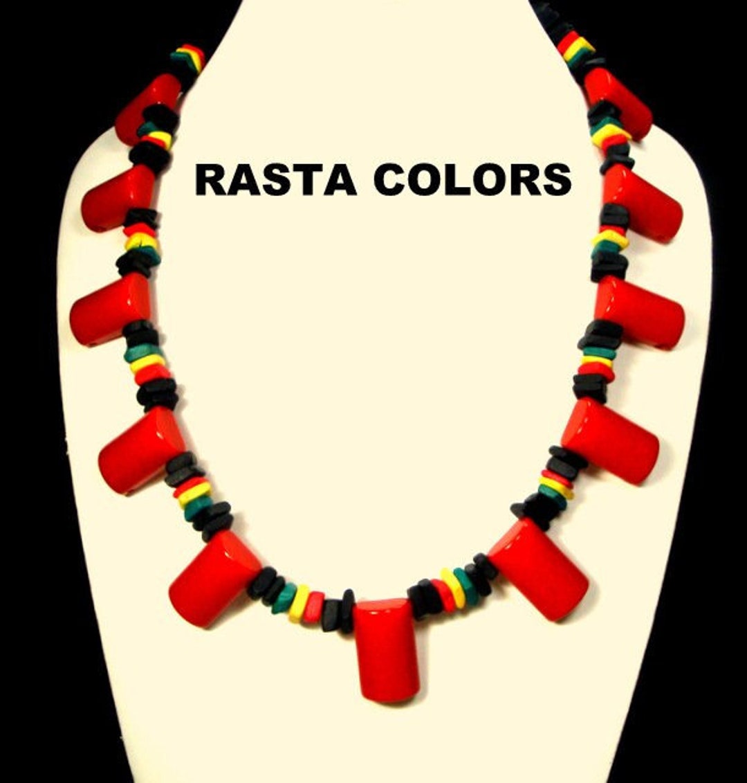 Rastafarian Bead Necklace, Dyed Wood Beads in Black, Yellow, Red, Green ...