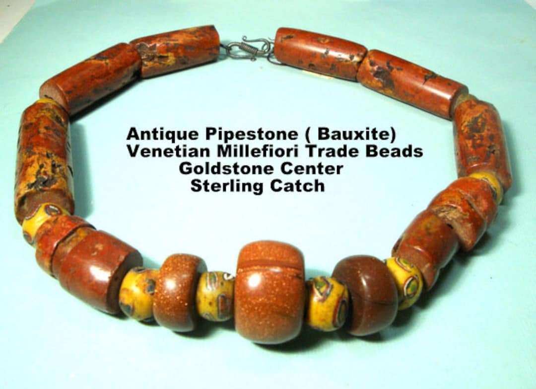 Venetian Trade Bead Necklace: Antique Pipestone, Bauxite & Goldstone ...