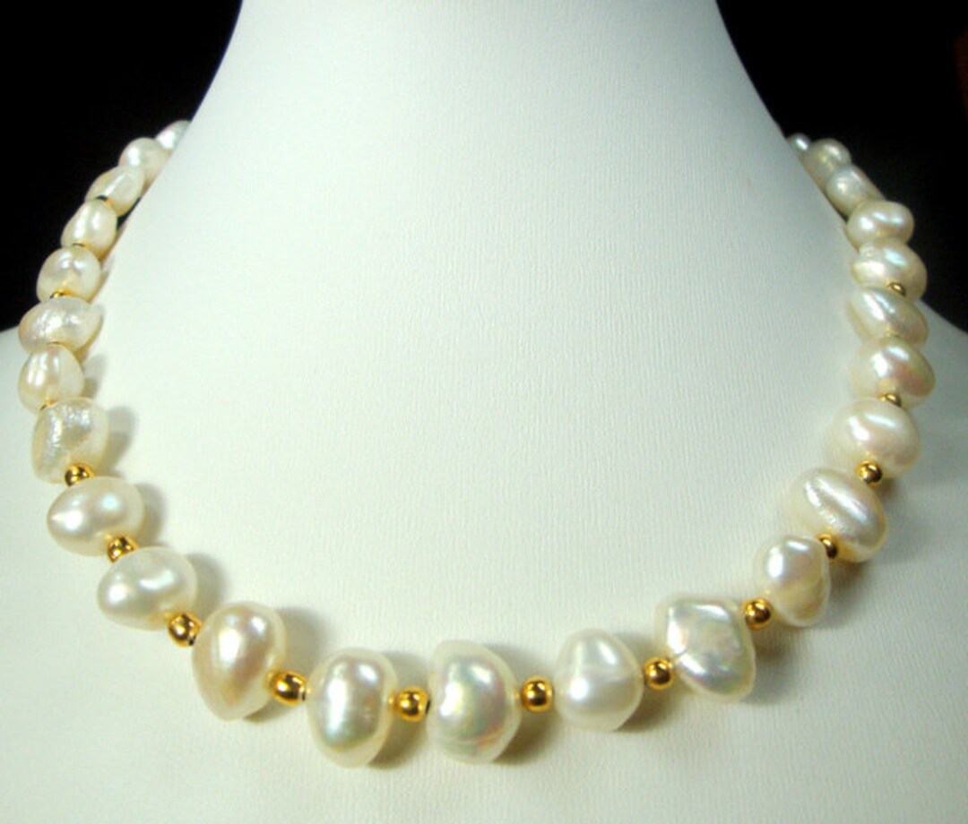 White Lustered Real Fresh Water Pearls, Potato Pearls W Gold Spacers ...