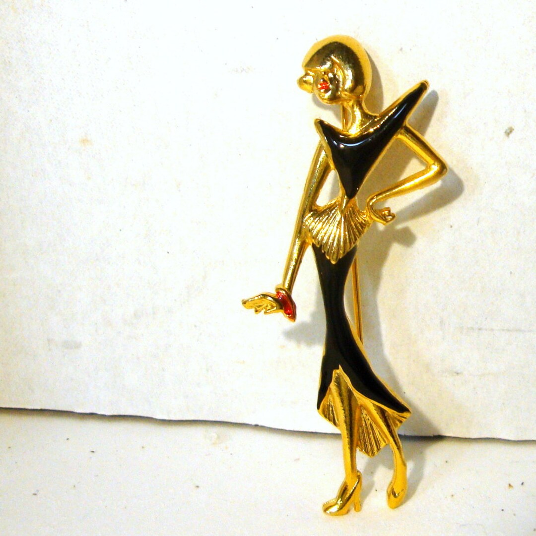 Art Deco Lady Pin, Black Enamel on Gold, Elegant Woman, Stylized ...