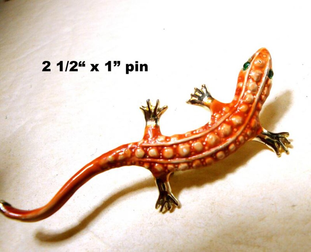 Caramel Colored Enamel Lizard Pin, Green Sparkling Rhinestones Eyes ...