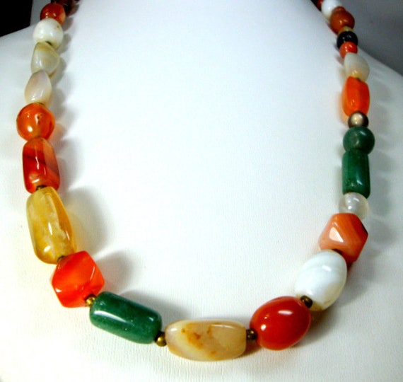Agate Stone BEGGAR Beads 1960s Authentic Hippie Necklace 25 Inches of Rust Peach Green White Stone Agates W Brass Spacers Restrung Etsy