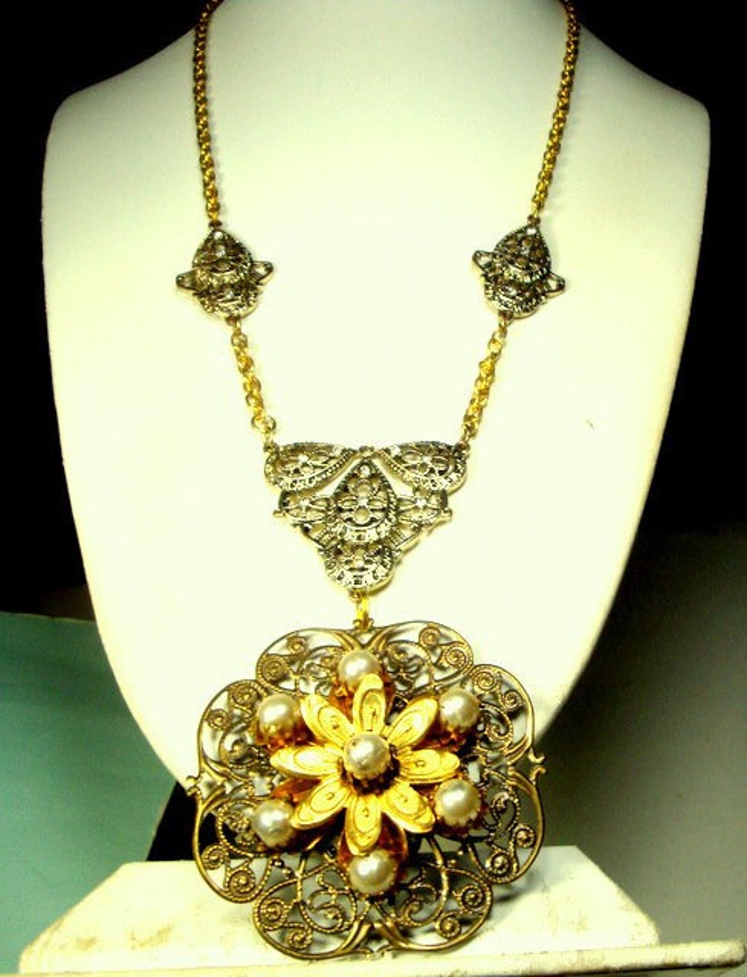 Pearl & Gold Filigree Pendant Necklace: Recycled Rhinestone Fob Chain ...