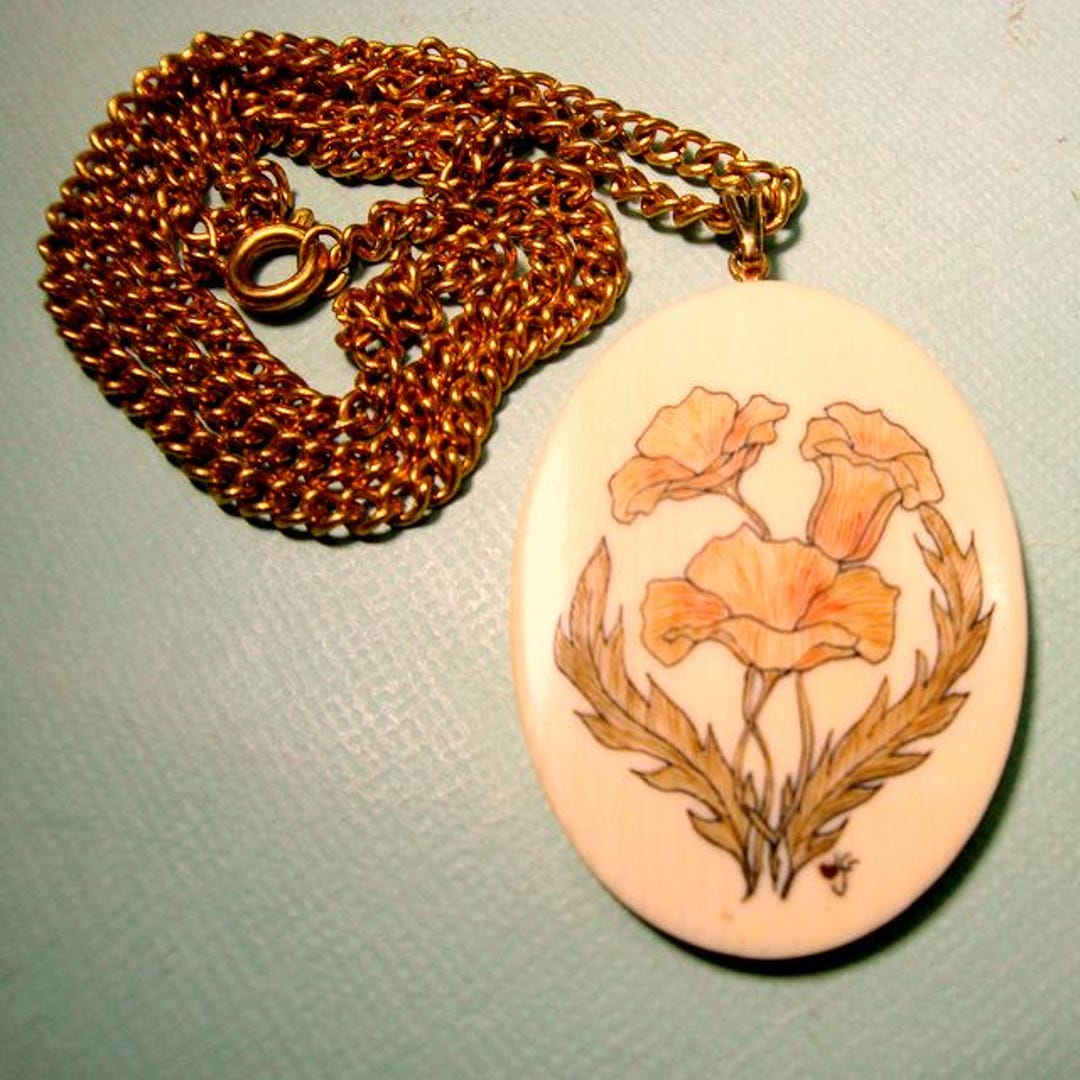 Scrimshaw Oxbone or Resin Flower Pendant on Shiny Gold Chain, 80s ...