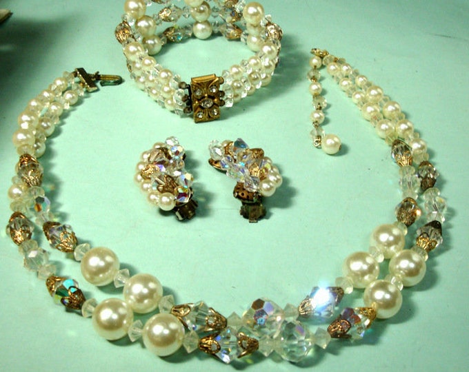 Pearls, Gold & AB 3 Pc. SET, Rainbow Aurora Borealis Crystal Necklace ...