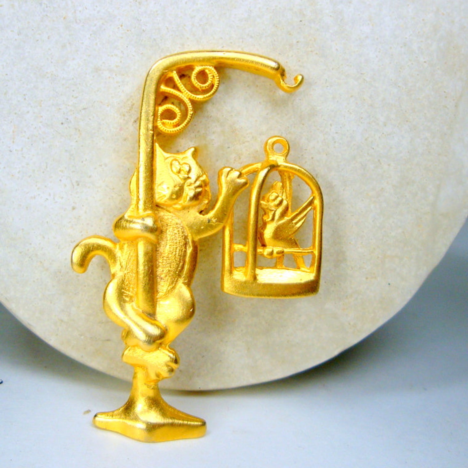 Cat W Bird in a Cage Pin 1980s Bright Goldtone Metal Brooch | Etsy