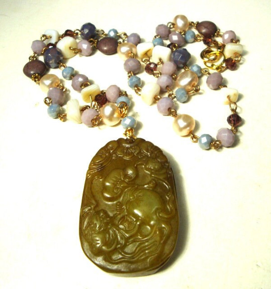 Chinese Sou Chou Jade Bat Pendant Necklace: Long Life Amulet, Glass ...