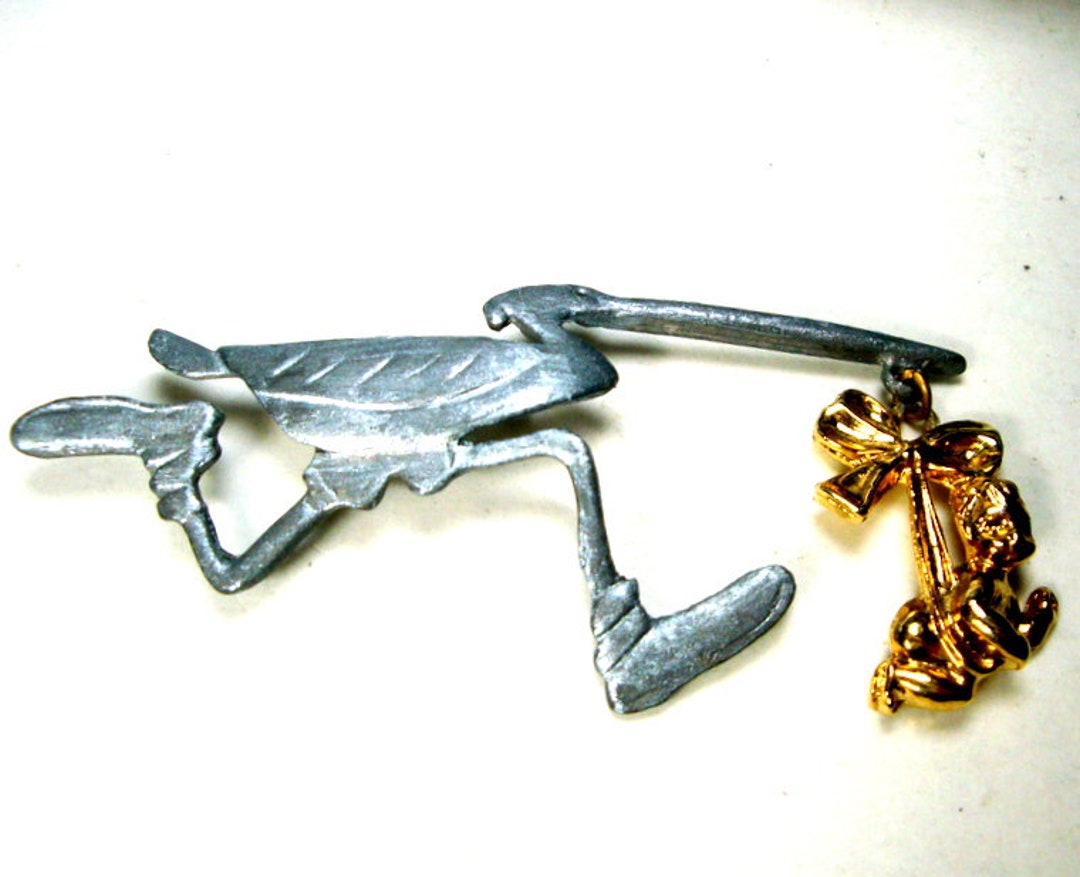 Stork Delivering Newborn Baby Pin by Ultra Craft, Wide New Baby Brooch ...