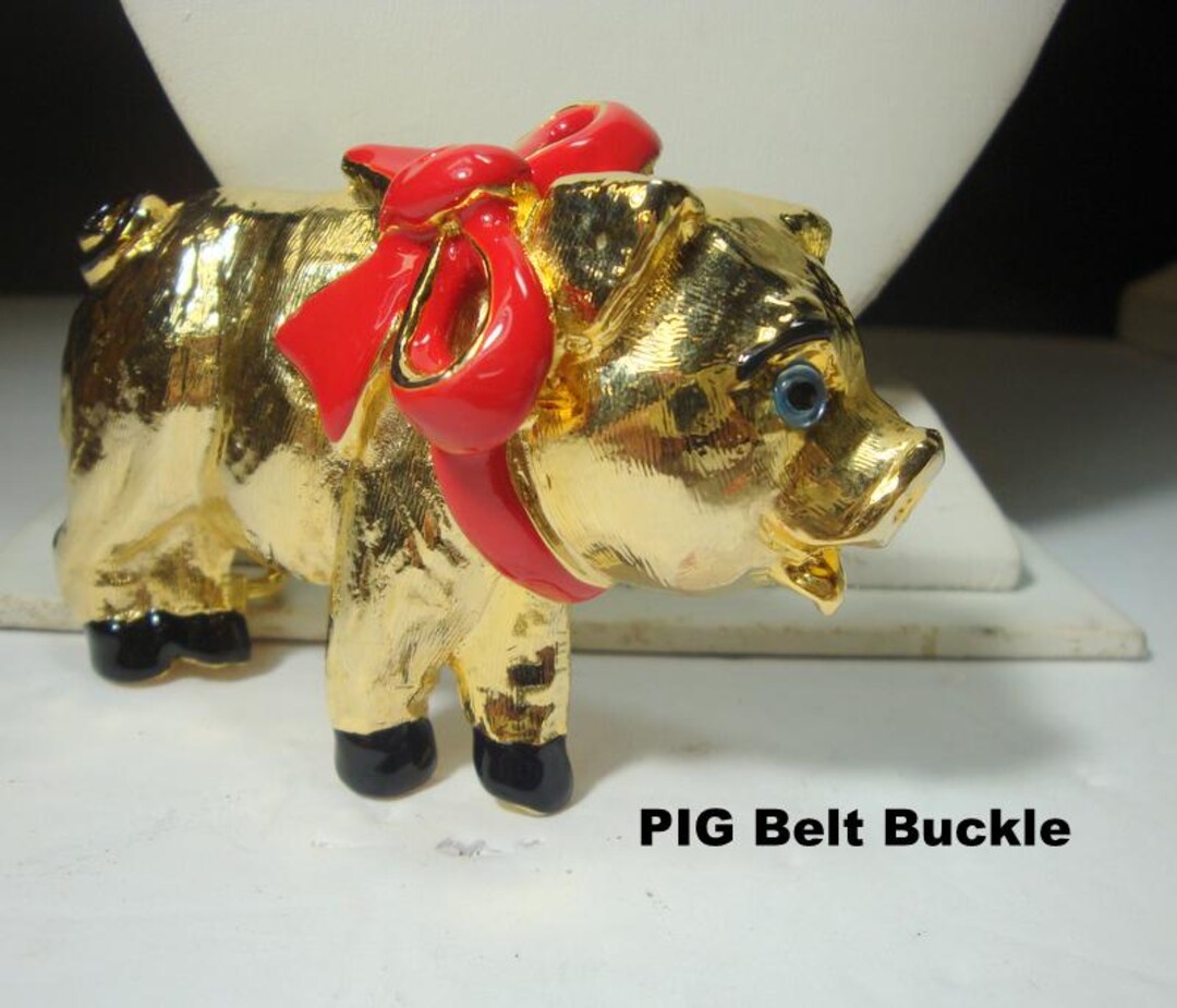 Gold Pig Belt Buckle: Red Enamel Bow, Blue Eyes, Fits 1 3/8" Belt - Etsy