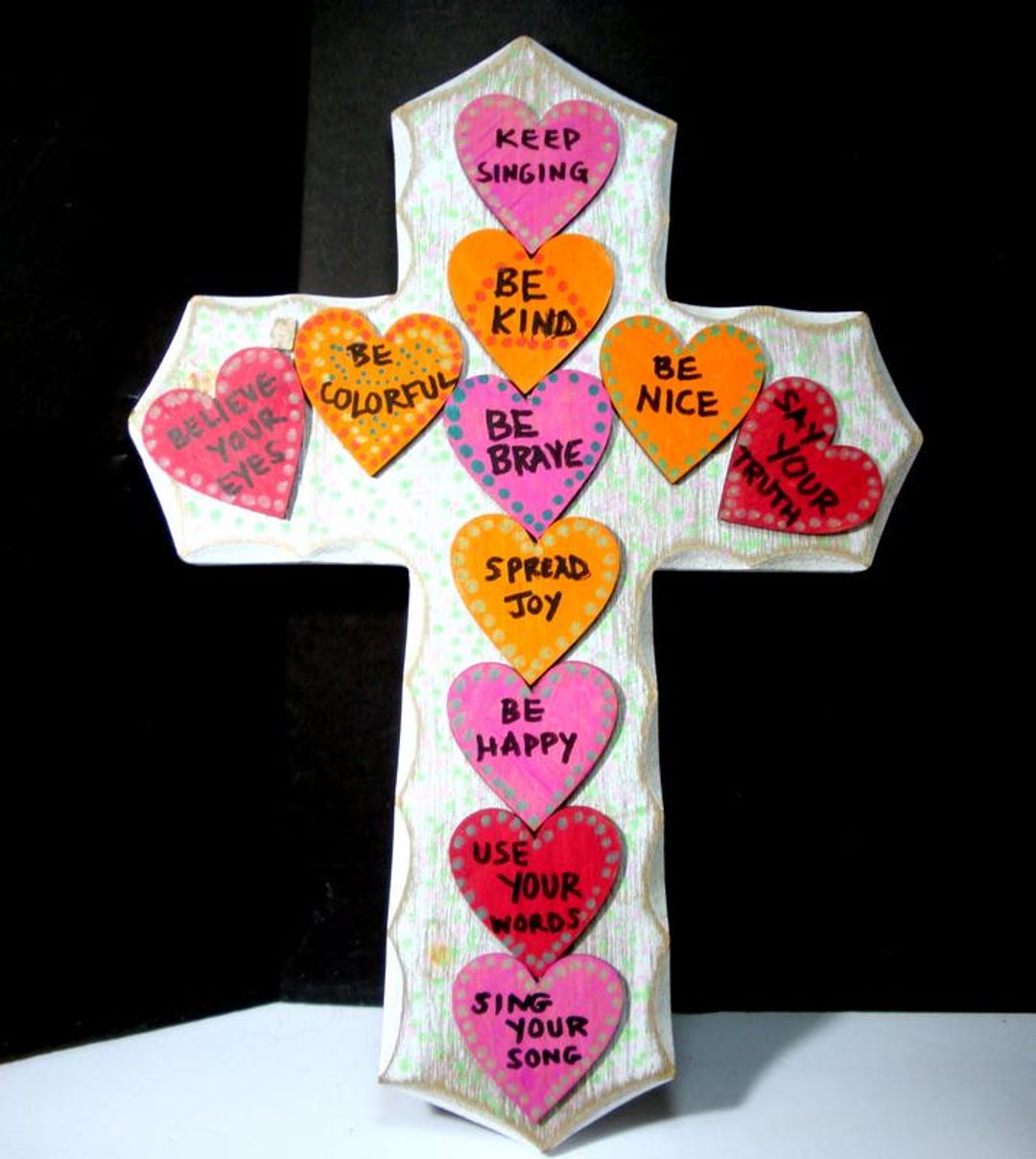 Hand Painted WOOD Christian Wall Cross, Colorful HEART Designs, by ...