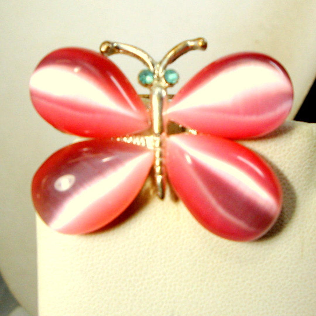 PINK Butterfly Pin, Aqua Rhinestone Eyes, Thick Glass Wings, Silver ...