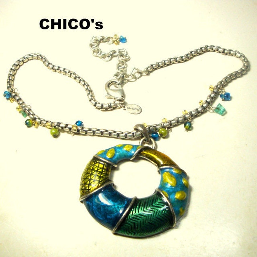 Vintage Chicos Pendant on Chain Necklace, Silver Metal With Green ...