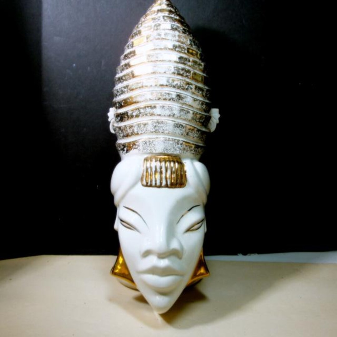 Vintage 1960s Art Deco Ceramic Lady Head Sculpture: White & Gold Wall ...