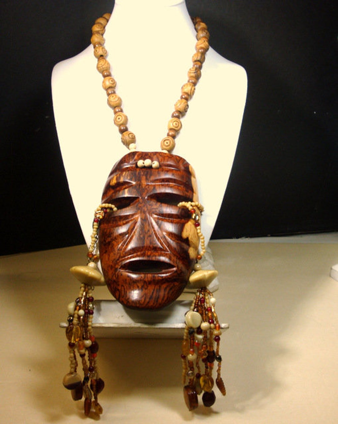 MANS African Tribal Mask Pendant With Glass Ear Tassels on Carved Wood ...