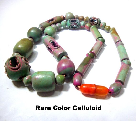 1930s Celluloid Bead Choker: Celedon Green & Pink, 14… - Gem