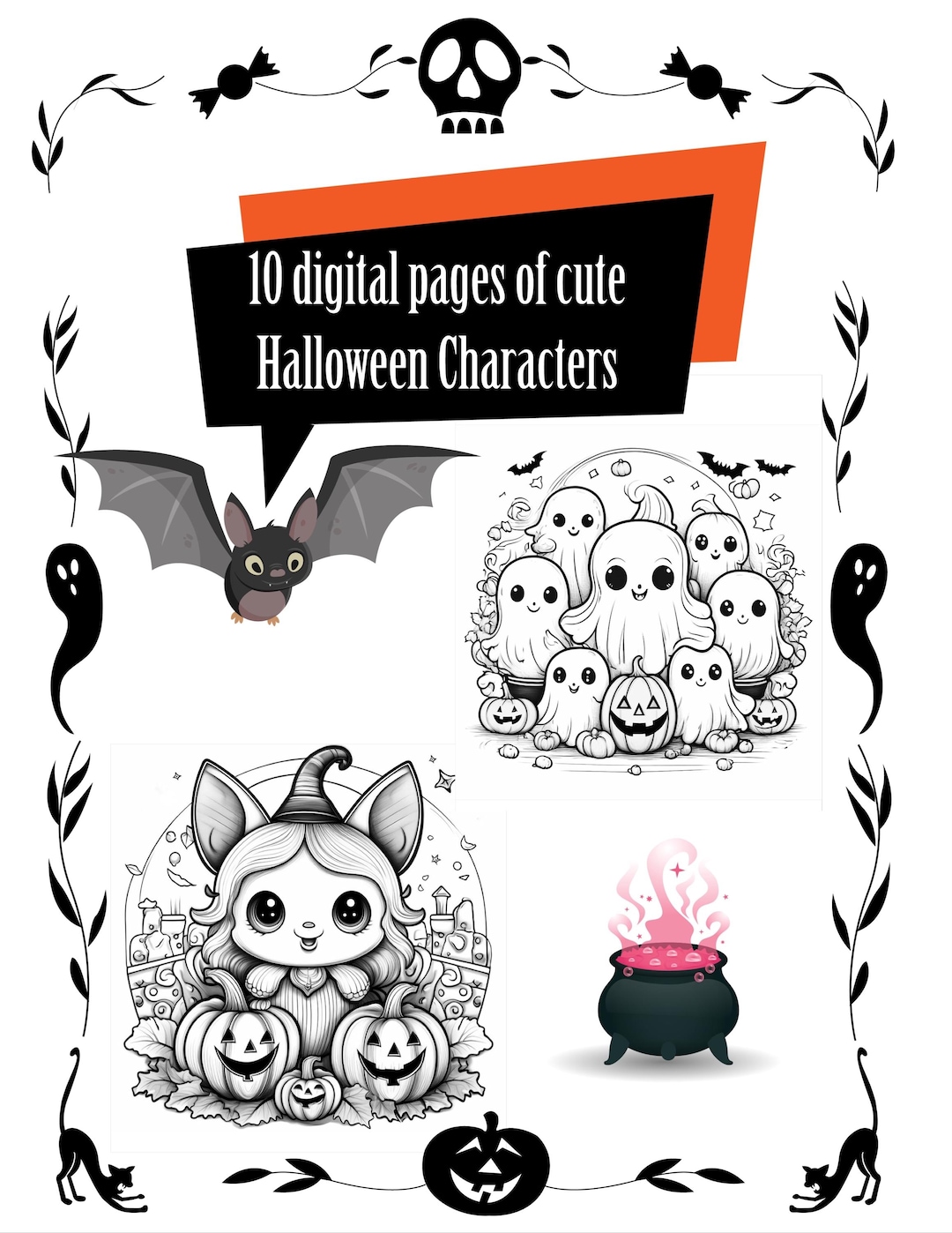 10 Cute Halloween Spooky Characters Coloring Pages Printable PDF for ...