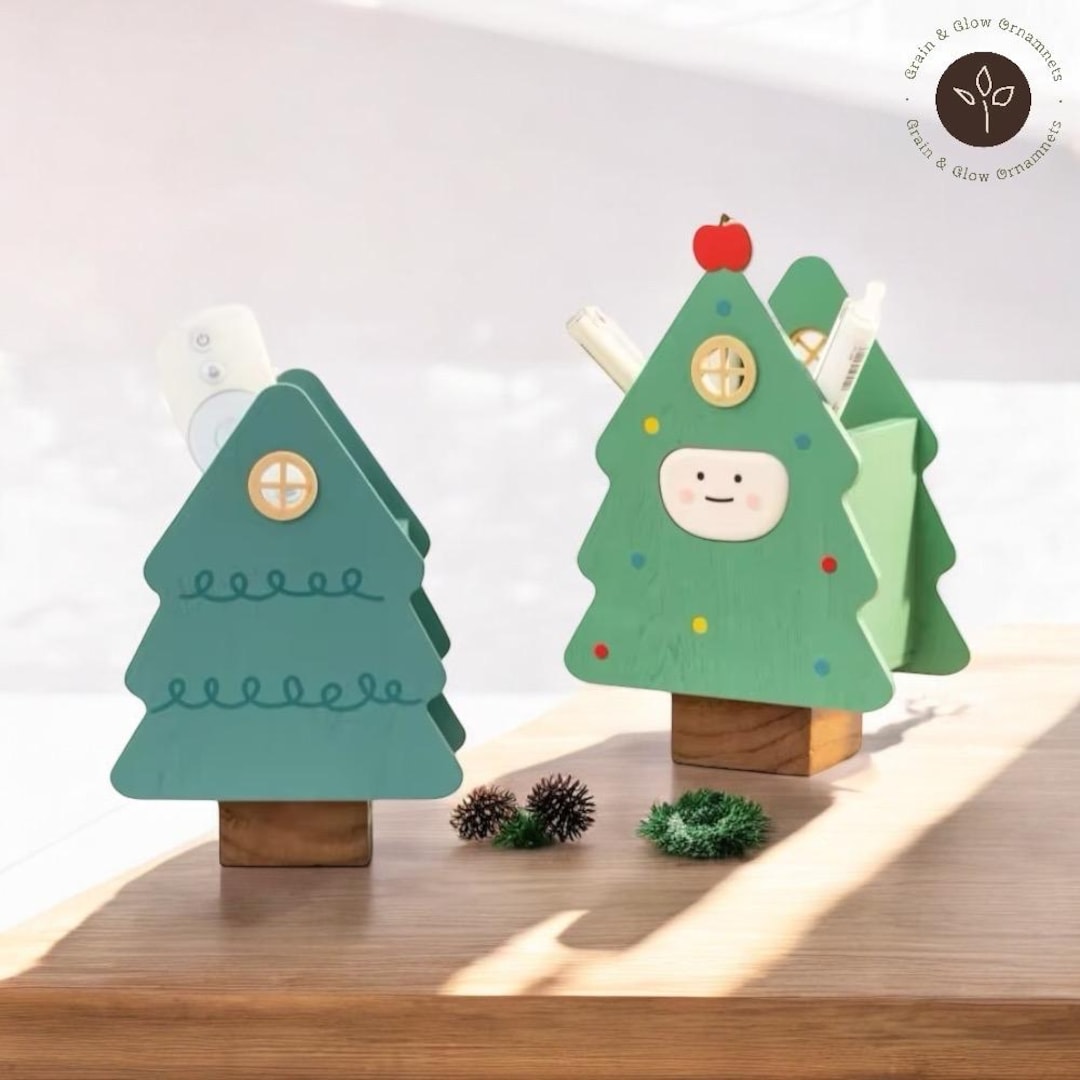 Festive Wooden Christmas Tree Pen Holder Cute Desk Organizer Holiday ...