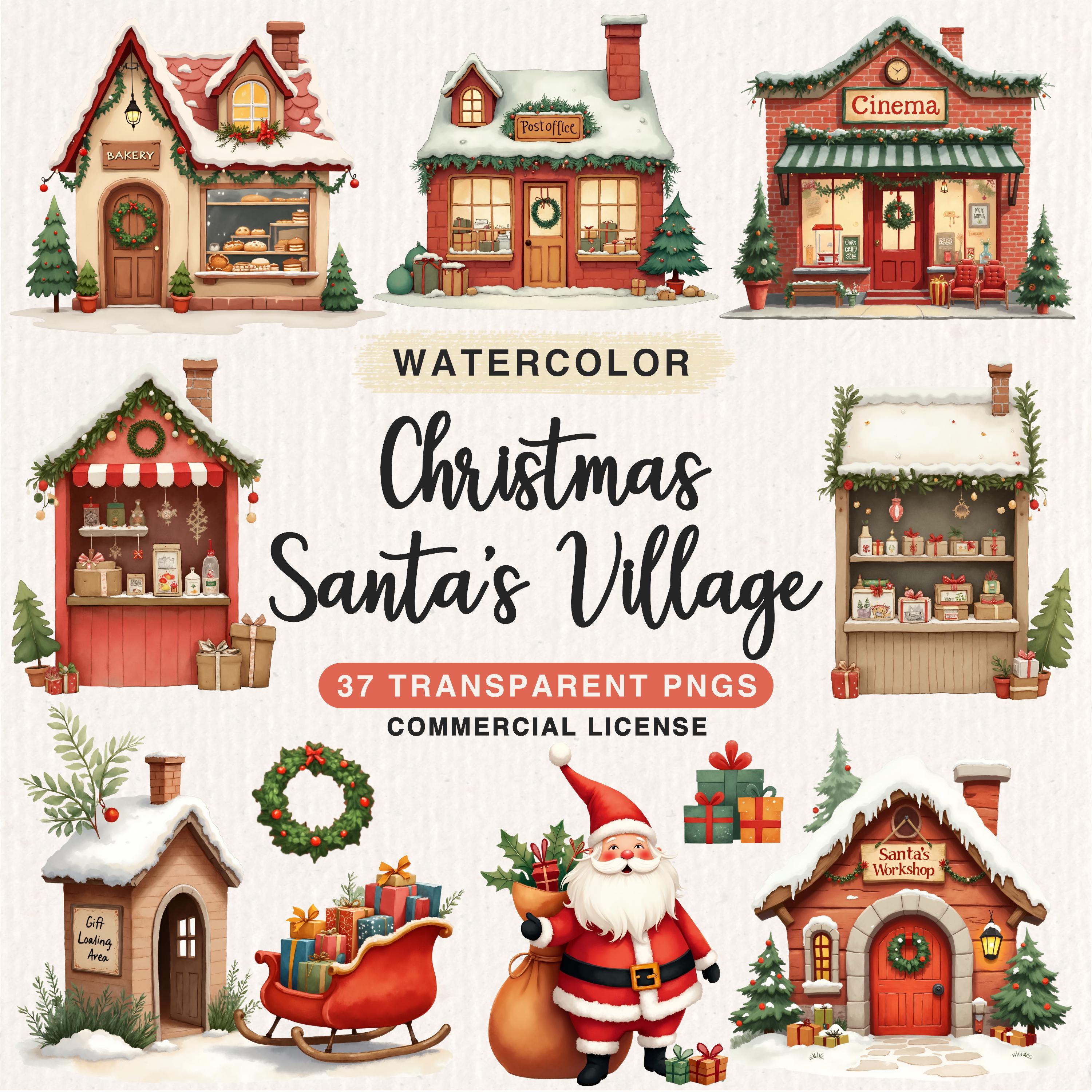 Watercolor Christmas Santa's Village Clipart Bundle, Santa's Workshop ...