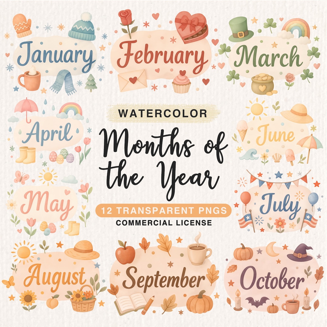 Watercolor Months of the Year Clipart Bundle, 12 Months Calendar ...