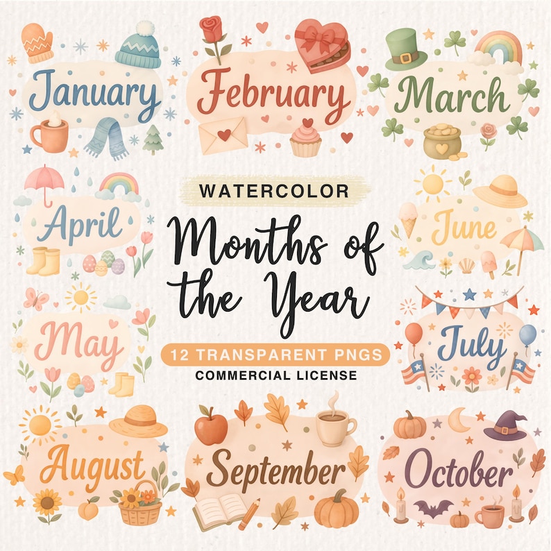 Watercolor Months of the Year Clipart Bundle, 12 Months Calendar ...