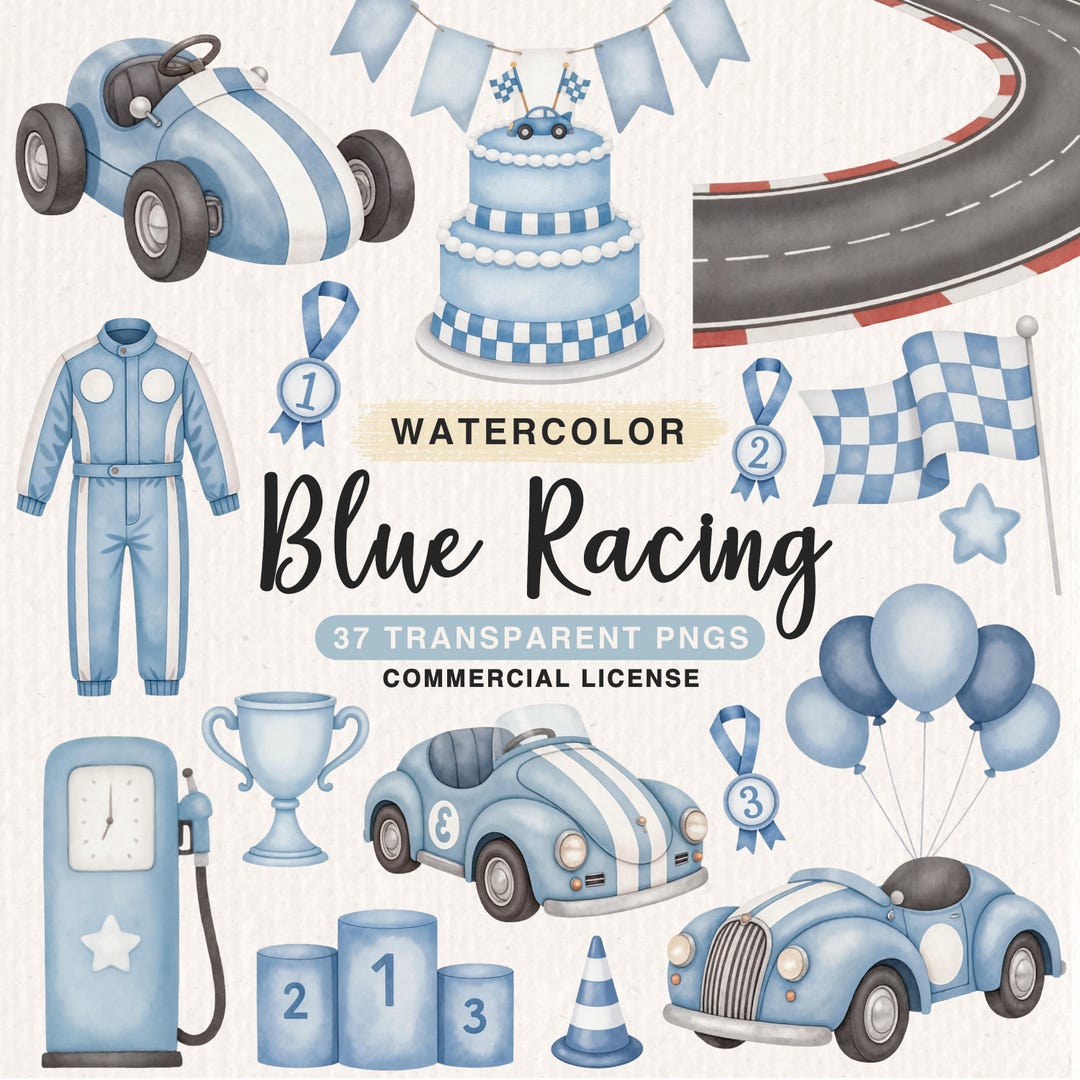 Watercolor Blue Racing Clipart Bundle, Blue Race Car Clipart, Baby Boy ...