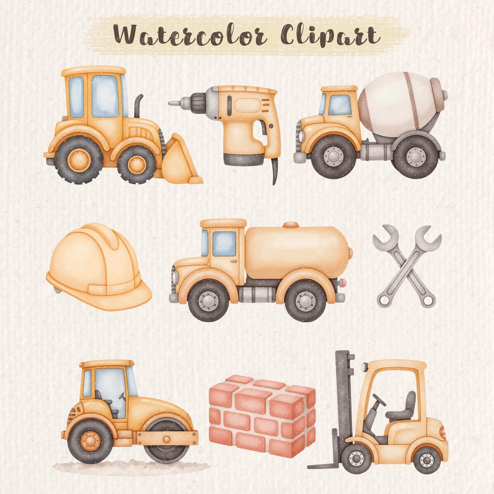 Watercolor Construction Clipart Bundle, Construction Vehicles Clipart ...