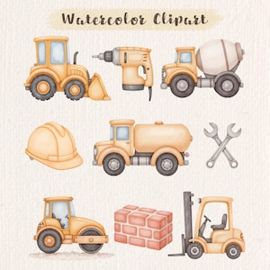 Watercolor Construction Clipart Bundle, Construction Vehicles Clipart ...